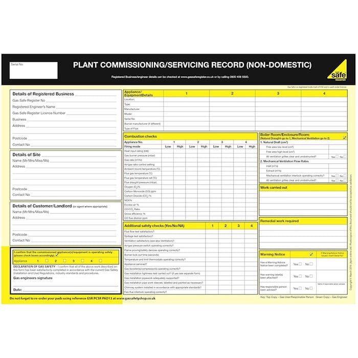 Gas Safe® Plant Commissioning/Service Record Non-Domestic - Pad of 50 ...