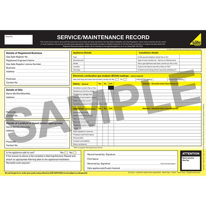 Gas Safe® Plant Commissioning/Service Record Non-Domestic - Pad of 50 ...